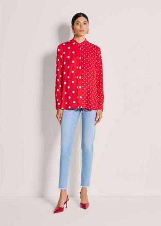 Madeleine Langarmbluse Viskosebluse mit P&uuml;nktchen-Design Blusenshirt mit Rundhals mit Blende, Knopfleiste und Langarm