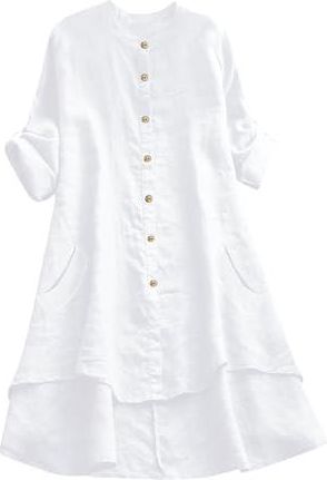 Generic Uwdiohq Womens Solid Color Cotton Linen with Pockets Thin Long Sleeve Blouse T Shirt Petite Enfance (White, XXXXL) Chemise Femme Longue Tunique Longue