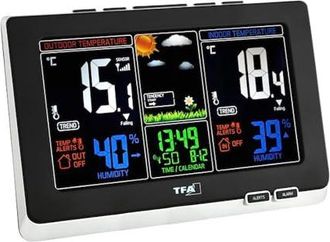TFA Dostmann Spring Wetterstation, für Innen und Außen, Funk Außensensor misst Luftfeuchtigkeit, Taupunkt, inkl Funkuhr und farbig animiertes Display, L 210 x B 26