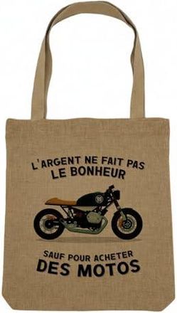 Fabulous Sac Shopping Tote Bag Aspect Lin - Moto Sport - Largent ne Fait Pas le Bonheur Sac de Courses Toile Epaisse 360g Beige Naturel Cabas Port&eacute; Epaule Soli