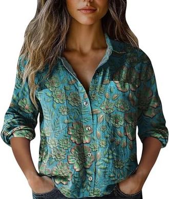 Generic Chemisier &agrave; manches 3/4 pour femme - Imprim&eacute; tendance - Col en V - Chemise florale d&eacute;contract&eacute;e - Chemise d&eacute;t&eacute; d&eacute;contract&eacute;e - Chemise d&eacute;t&eacute; d&eacute;contract&eacute;