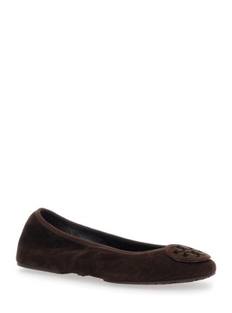 Tory Burch Womens Brown Suede Ballerinas With Logo Plaque Ovine Ballerina Shoes