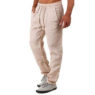 Generic Pantalon d&eacute;t&eacute; long en lin pour homme - Pantalon de loisirs avec cordon de serrage - Pantalon en lin a&eacute;r&eacute; - Pantalon de travail l&eacute;ger - S&eacute;chage rapide 