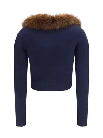Self Portrait Womens Knit And Faux Fur Cardigan Navy Sweater