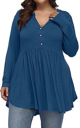 Generic Chemise basique unie à manches longues pour femme - Col en V - Bouton plissé - Couleur unie - Grande taille - Cadeau de Noël, bleu marine, 3XL