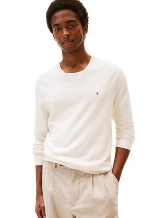 Tommy Hilfiger Herren-Pullover, Baumwolle, einfarbig, V-Ausschnitt, Leichter Pullover, Elfenbeinfarbenes Bl&uuml;tenblatt, XX-Large