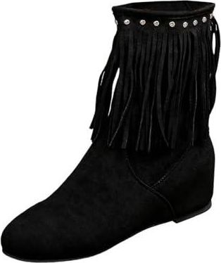 Generic Bottes de veau larges pour femme &agrave; franges d&eacute;contract&eacute;es &eacute;l&eacute;gantes de couleur unie talon plat confortables &agrave; enfiler avec augmentation interne, Noir, 