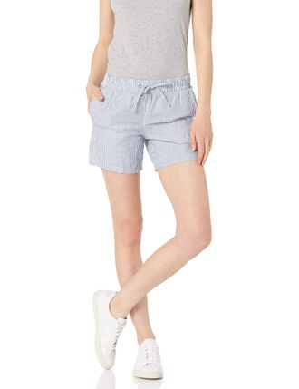 Amazon Essentials Damen Shorts Mit Kordelzug Aus Einer Leinenmischung Mit 13 cm Innennaht (Erhältlich In Übergrößen), Blau Weiß Streifen, XXL
