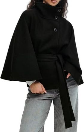 Generic Cinch Cape Jacket Femme &Eacute;l&eacute;gant Ceintur&eacute; Cape Veste Col Montant Chauve-Souris Cinch Capes Manteau Tendance Casual Caban, Noir, M
