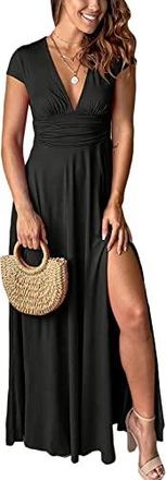 TOMWELL Femme Robe Cocktail Profonde V Manches Longues Maxi Sexy Élégante Moulante Fente Latérale Soirée Plage Noir L