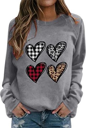 Generic 2026 Saint Valentin Femmes Sweat-shirt Col Rond Quatre Coeurs Imprim&eacute;s Manches Longues Casual Sweat-Tops, gris, M