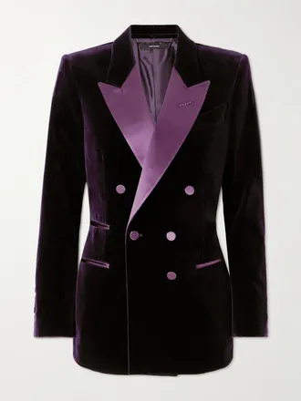 Tom Ford Blazer À Double Boutonnage En Velours De Coton Mélangé À Finitions En Satin - Violet