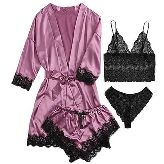 Generic Ensemble De Pyjama Femme Coton Robe De Chambre Satin Manches Longues Douceur Pyjama Femme Coton Hiver Pas Cher Pyjama Femme Hiver Coton Lingerie Sexy 