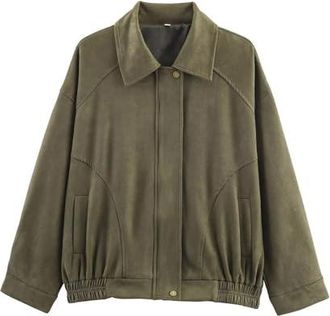 Generic Veste en daim synthétique pour femme avec fermeture éclair sur toute la longueur, manches chauve-souris, manteau décontracté classique avec poche, Ver