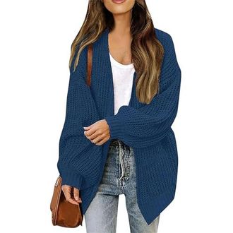 Generic Cardigan en tricot &agrave; manches lanternes pour femme Col en V Couleur unie Pull &agrave; manches longues R&eacute;tro, noir fonc&eacute;, Taille XS