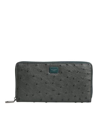 Dolce & Gabbana Mens Green Ostrich Logo Plaque Zip Around Continental Wallet