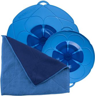 Kochblume Spar-Set für Töpfe von 14 bis 24 cm mit Microfasertuch als Set in der bunten Box | Silikon Überkochschutz für Töpfe und Pfannen (hellblau)