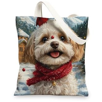 Generic Sac fourre-tout en toile motif chien cavachon de No&euml;l pour faire du shopping, 33 x 38,1 cm, sac d&eacute;picerie r&eacute;utilisable pour femme, peinture esth&eacute;tique