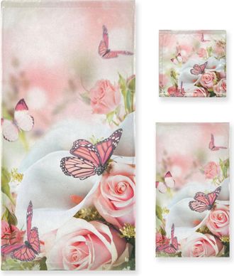 Mnsruu Badet&uuml;cher Set mit 3 St&uuml;ck, Blumen und Schmetterlinge, Rosa, Duscht&uuml;cher-Set, 1 Badetuch, 1 Handtuch, 1 Waschlappen f&uuml;r Badezimmer, Strand, Fitnessstu