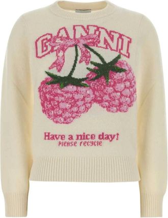 Ganni Femme, Pulls, Blanc, Taille: 36 FR Logo Sweater With Raspberry Print
