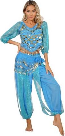 TiaoBug Femme D&eacute;guisement Indienne Princesse Robe de Danse du Ventre Paillette Haut Top de Danse Orientale et Harem Pantalon Costume Carnaval Halloween Bleu C