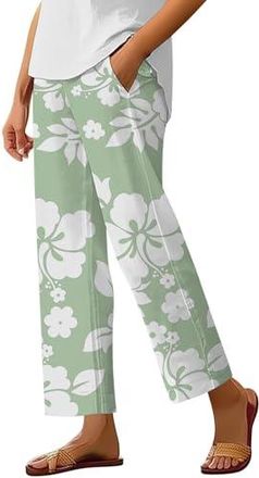 Generic Robe boh&egrave;me d&eacute;contract&eacute;e pour femme - Imprim&eacute; floral - Pantalon en lin &agrave; rayures - Taille &eacute;lastique - Cordon de serrage - Pour l&eacute;t&eacute;, le printemps, la 