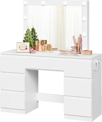 Woltu Coiffeuse avec Miroir LED, Luminosité Réglable, Table de Maquillage avec Multiprise, 7 Tiroirs, 110x39,5x140,5 cm, Commode Chambre Blanc, MB6124ws