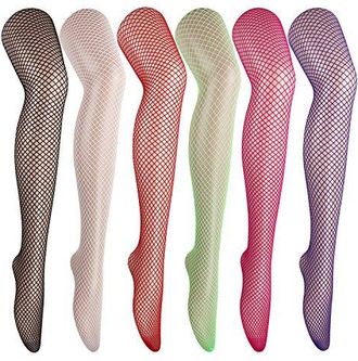 Dreshow 6 Paires Femme Sexy Élastique Collants Taille Haute Filets de Pêche Bas Résille Cuisse Haut Bas Collants,Taille unique,6 Pair E-blanc, voilet, Deepros