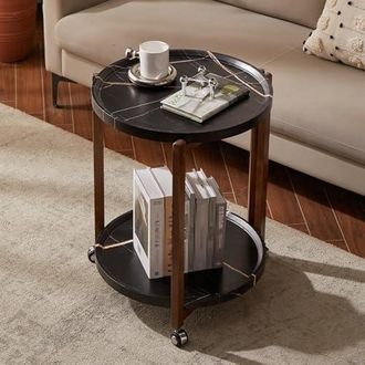 Generic Table dappoint Rustique Ronde en Bois de Style campagnard, avec roulettes et &eacute;tag&egrave;re, id&eacute;ale for Le Salon, la Chambre, comme Petite Table de Chevet ou