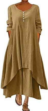 ORANDESIGNE Robe Longue Femme Kaftan en Coton et Lin Robe Ample Col V Boho Plage Eté Robes Décontracté Chic Manches Longues Grande Taille Maxi Robes A-Line 2 in 1