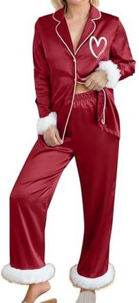 Generic Ensemble de pyjamas d&eacute;contract&eacute;s et confortables pour la Saint-Valentin 2026 pour femmes, chemise &agrave; manches longues, pantalon, deux ensembles, Rouge, 