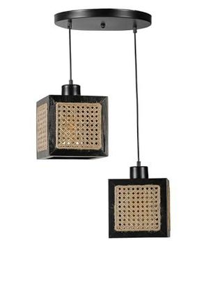 Opviq Elegant FIR Wood Chandelier with Natural Rattan Cap, Adjustable Height 70 cm | 18 cm Diameter | E27 Socket, Max 40W | Stylish Black & Rattan Design fo