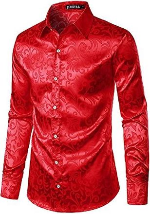PARKLEES Chemise de luxe à manches longues en jacquard pour homme, coupe ajustée, en satin imitation soie, imprimé floral, chemises pour mariage, bal, Rouge, M
