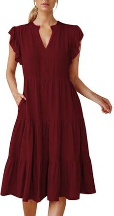 Generic Robe d&eacute;t&eacute; pour femmes - Robe midi &agrave; manches volant&eacute;es et col en V - Coupe fluide et d&eacute;contract&eacute;e, style boh&egrave;me, vacances de plage, robe ample pour fem