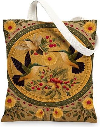 Generic Sacs fourre-tout en toile motif colibri, sacs de courses réutilisables, motif floral artistique, vintage, botanique, léger, lavable, jaune, 13x15 Inch