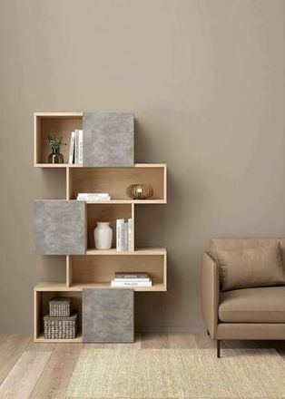 Dmora B&uuml;cherregal Flavie, B&uuml;roregal, Mobiler Buchhalter, B&uuml;cherbrett, 96x32 h166 cm, Eiche und Zement