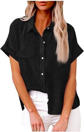 Generic Chemise en lin pour femme boutonn&eacute;e d&eacute;contract&eacute;e col en V manches courtes chemises amples surdimensionn&eacute;es en coton m&eacute;lang&eacute; haut tendance chemisier, N