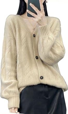 Generic Cardigan en tricot 100 % laine m&eacute;rinos avec col en V et boutons pour femme, beige, Taille S