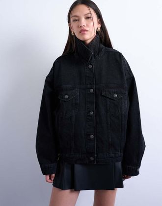 Topshop Oversize-Jeansjacke in verwaschenem Schwarz mit Ballonärmeln