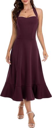 Dresstells Damen Halter Cocktailkleider Hochzeit Gast Formal Prom Brautjungfer Tee L&auml;nge Split Ruffle Sommerkleid Elegantes Partykleid Burgundy 2XL