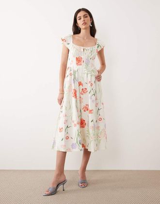 New Look Bengaline-Midikleid in Cremewei&szlig; mit Blumenmuster