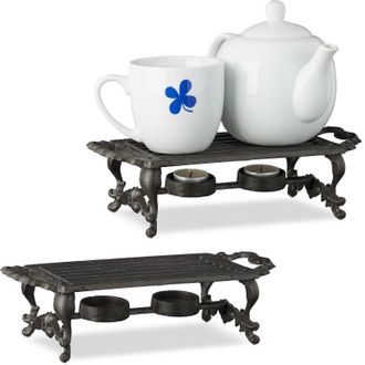 Relaxdays R&eacute;chauffe plat, en lot de 2, chauffe-plat r&eacute;chaud fonte bougie th&eacute;i&egrave;re caf&eacute; antiquit&eacute;s HxlxP: 8,5 x 30 x 13,5 cm, marron