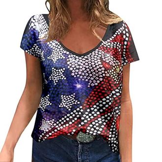 Janly T-shirts Personnalis&eacute; Peint &agrave; la Main Femme T-shirt avec Drapeau Am&eacute;ricain Col en V pour le Jour de lInd&eacute;pendance T-shirt surdimensionn&eacute; pour Femmes G