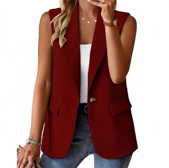 Generic Blazer sans manches 2025 pour femmes, blazer sans manches &agrave; revers crant&eacute; ouvert sur le devant, rouge vin, 3XL