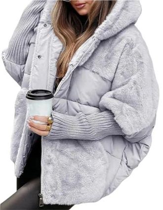 Generic Manteau matelassé surdimensionné à capuche pour femme - Manteau matelassé léger en patchwork - Vêtement dextérieur chaud pour lhiver, gris, XXL