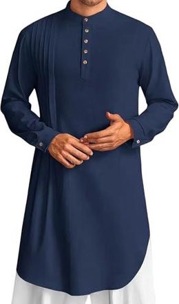 Generic Chemise en coton et lin pour homme, chemises &agrave; manches longues, coupe ample, robe de chambre musulmane, Thobe couleur unie, chemise Henley fendue sur 