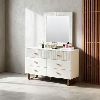 Generic Sideboard-Set mit Spiegel in Wei&szlig; & Gold - 6-Schubladen-Kommode & quadratischer Wandspiegel 80x80 cm - F&uuml;r Flur, Schlafzimmer & Wohnzimmer
