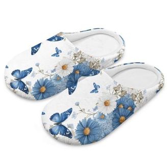 Coloranimal Pantoufles de spa &agrave; bout ferm&eacute; pour femme, chaussures dint&eacute;rieur en coton et lin, pantoufles dint&eacute;rieur en coton, Papillon marguerite bleue, 35.5/36.5