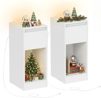 Vasagle Nachttisch 2er Set, schmal, Beistelltisch, LED-Beleuchtung, 1 USB-A-Anschluss, 1 USB-C-Anschluss, Schublade, offenes Fach, f&uuml;r Schlafzimmer, Wohnzimme