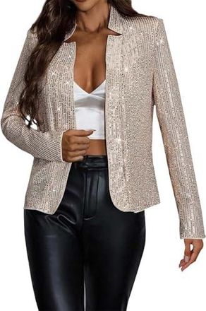 Generic Cardigan &agrave; paillettes pour femme, haut de f&ecirc;te pour femme, couleur unie, tunique brillante, cardigan d&eacute;contract&eacute; ouvert sur le devant, manteaux &agrave; col 